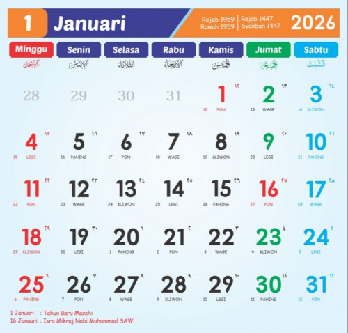 Kalender Januari 2026 Lengkap: Ada 6 Tanggal Merah Libur Nasional dan ...