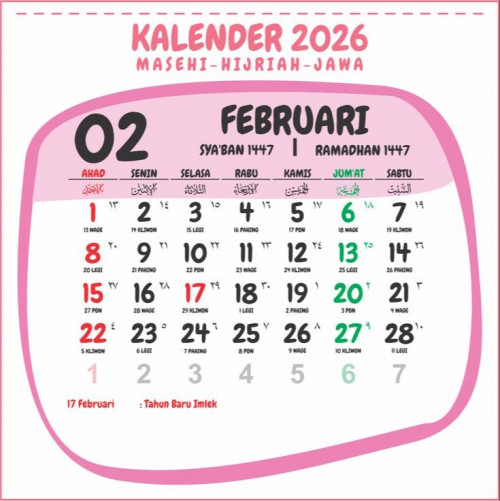 Kalender Jawa Februari 2026 Lengkap dengan Weton, Pasaran, dan Bulan ...