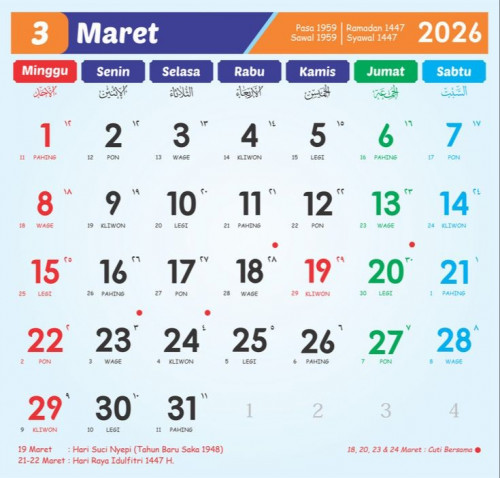 Kalender Hari Selasa 3 Maret 2026: Lengkap Weton Selasa Wage dan Wuku ...
